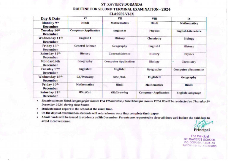 Routine-for-2nd-Terminal-Examination-VI-IX-2024 | PDF