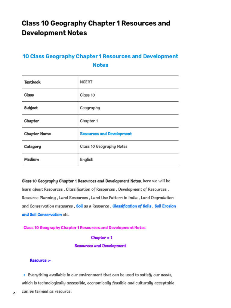 Class 10 Geography Chapter 1 Resources and Development Notes (1) | PDF ...