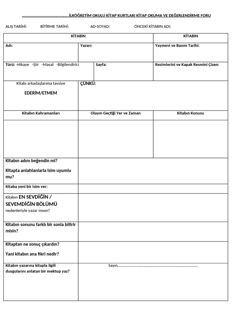 Ki̇tap Okuma Formu Değerlendi̇rme | PDF