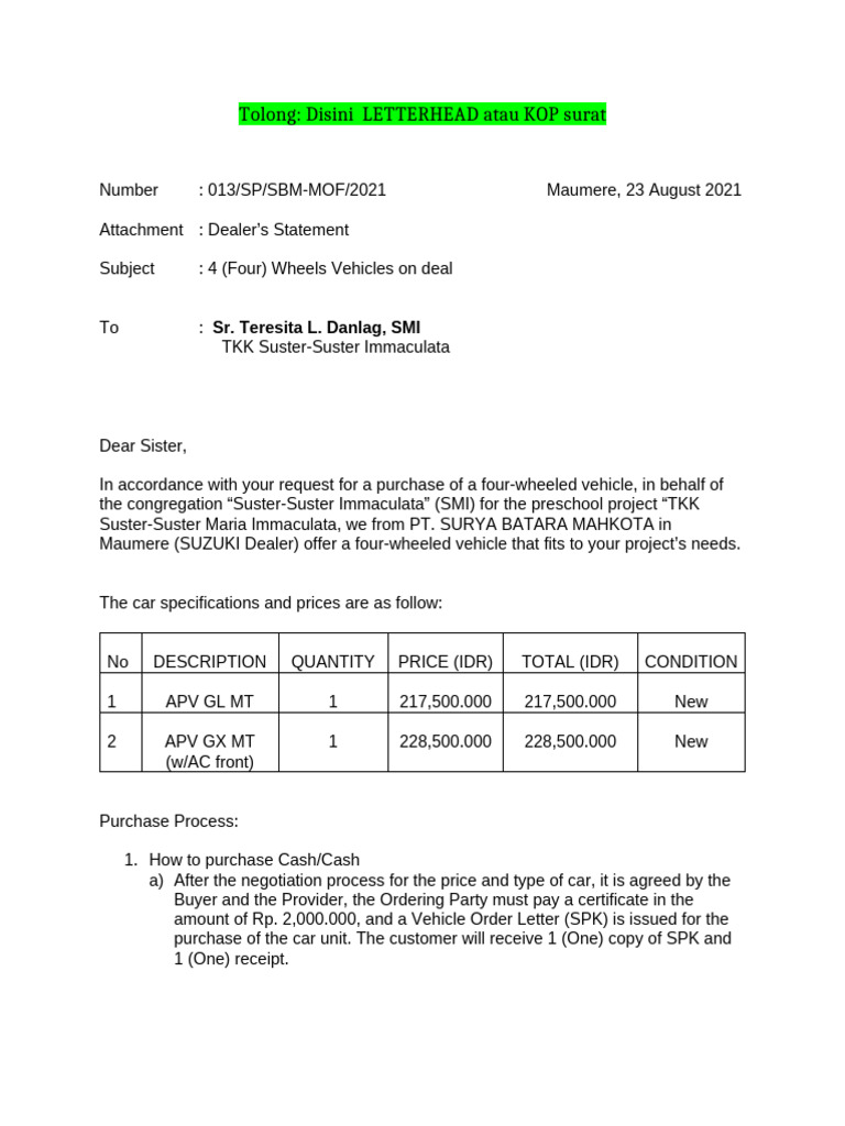 Dealer's Statement | PDF | Land Vehicles | Motor Vehicle