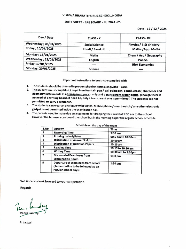 Date Sheet, Pre Board III, 2024-25 | PDF