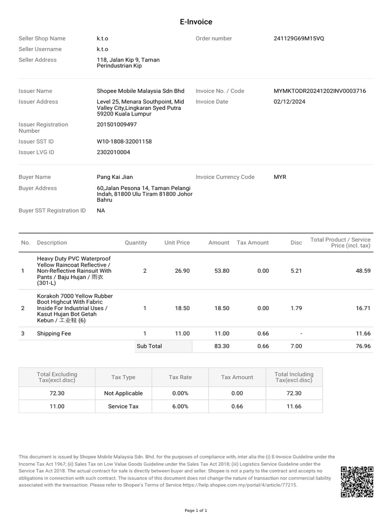 E-Invoice for Shopee Order 241129G69M15VQ | PDF | Taxes | Invoice