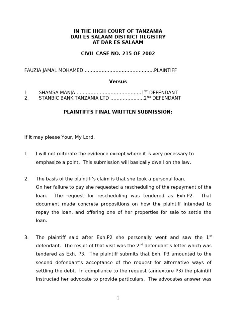 Plaintiffs Final Written Submission - Fauzia | PDF | Banks | Cheque