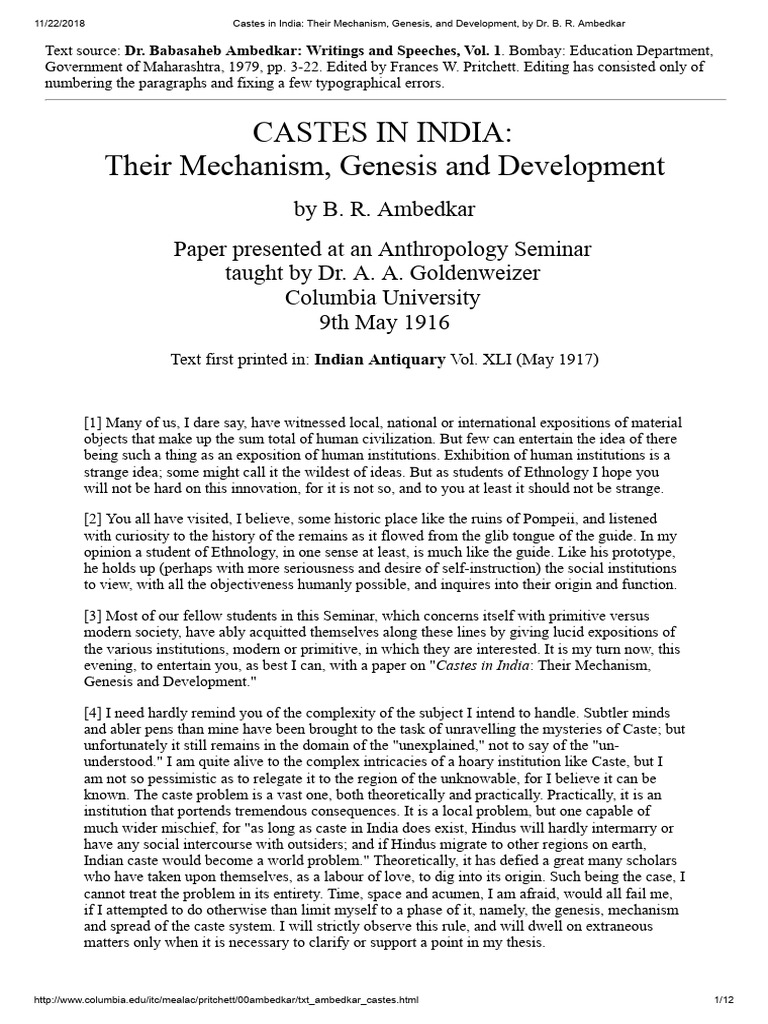 Castes in India - Their Mechanism, Genesis, and Development, by Dr. B ...