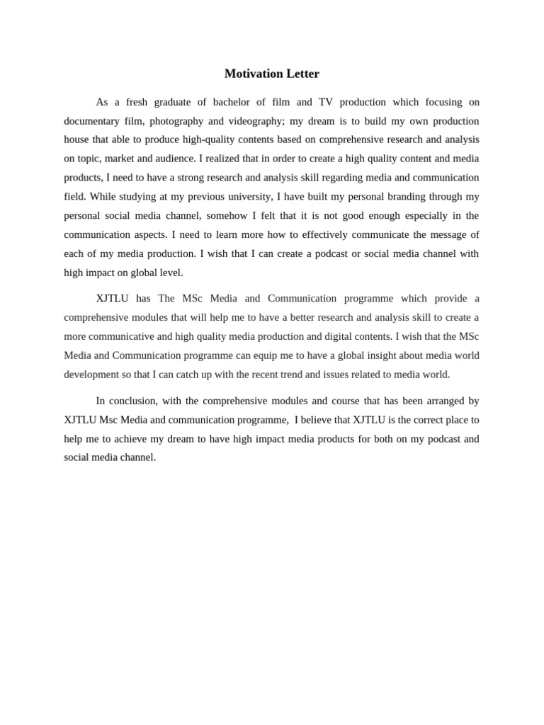 Motivation Letter MSC Media and Communication | PDF