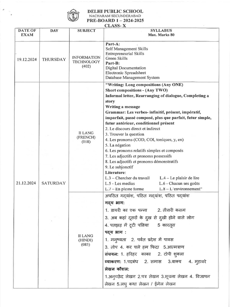 Class X Pb1 Syllabus Sheet 2024-25 | PDF
