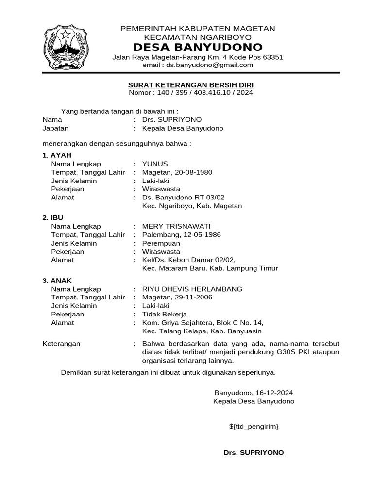 Surat Keterangan Bersih Diri 2024 | PDF
