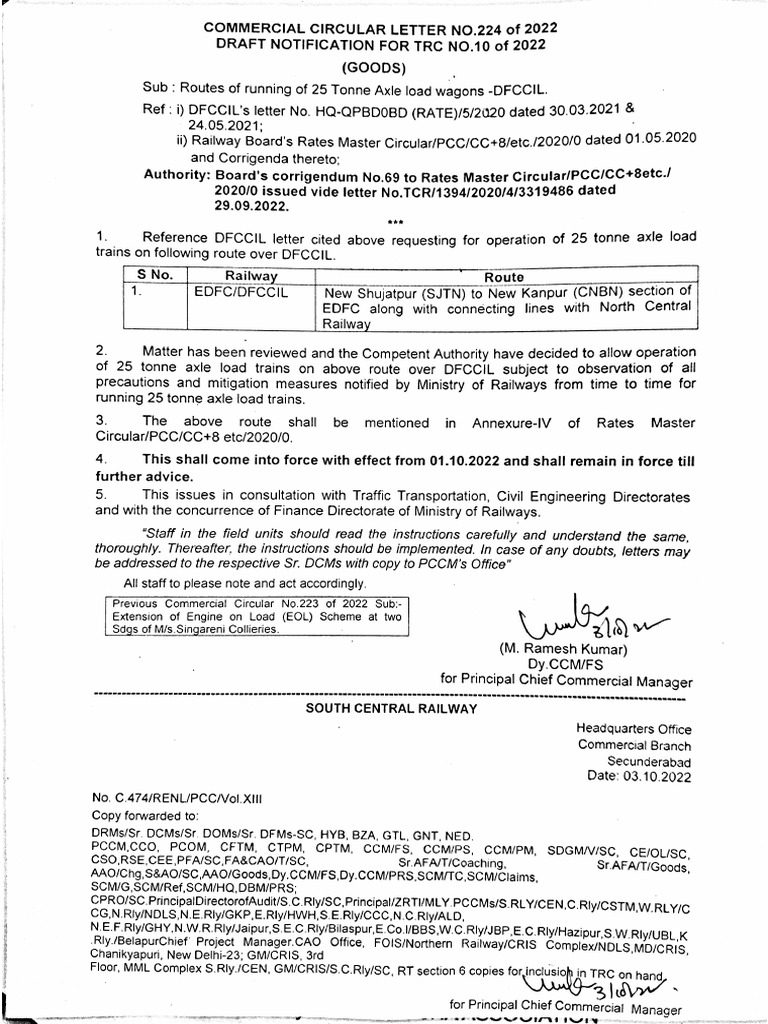 224 - Routes of Running of 25 Tonne Axle Load Wagons - DFCCIL - 2022 | PDF