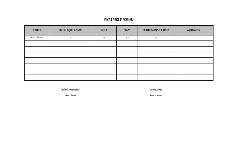 Fi̇yat Tekli̇fi̇ Formu | PDF
