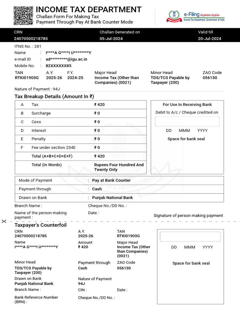 Income Tax Payment Challan Form | PDF | Cheque | Payments