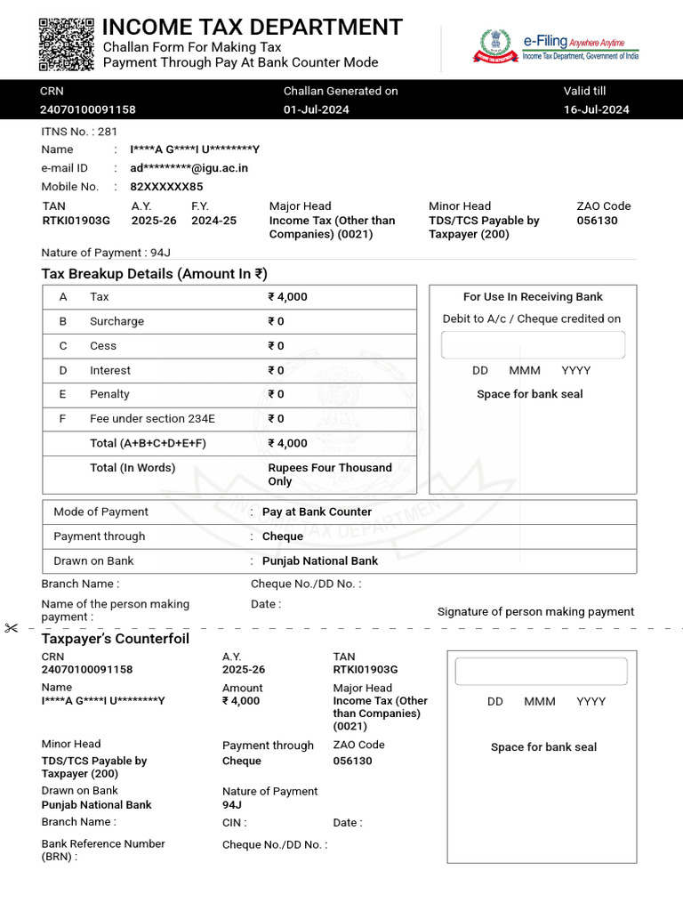 Income Tax Payment Challan Form | PDF | Cheque | Banks