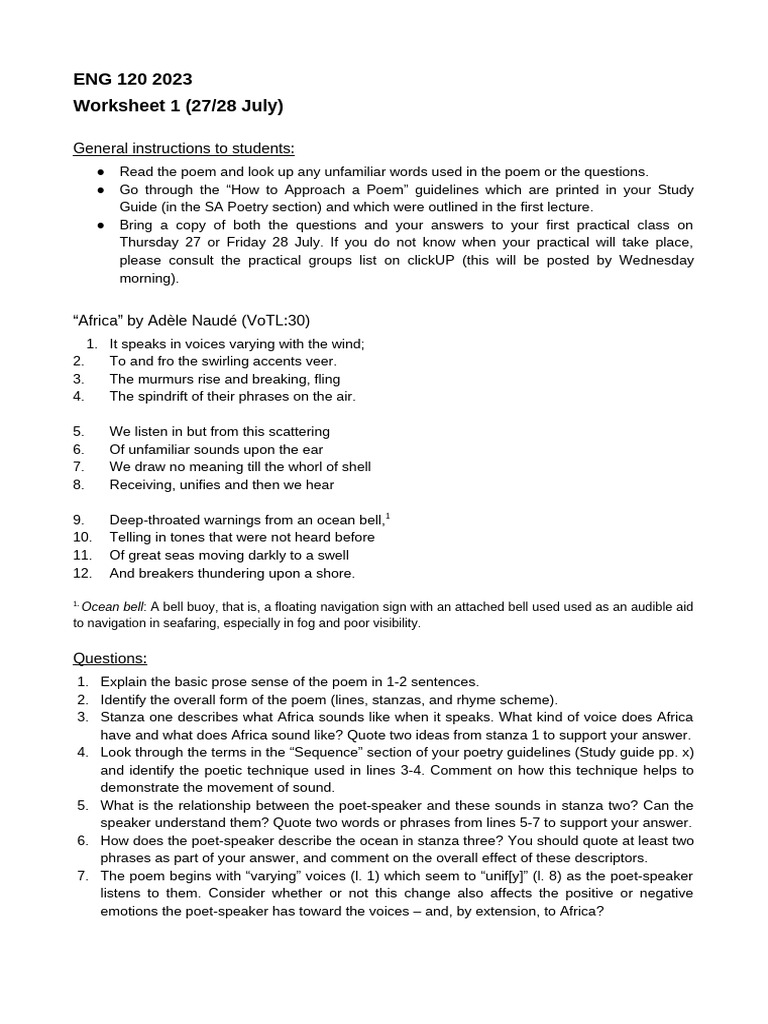 ENG 120 2023 - Worksheet 1 (27-28 July) (1) 2 | PDF | Poetry