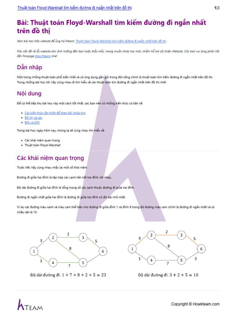 HOWKTEAM.vn - Thuật Toán Floyd-Warshall Tìm Kiếm Đường Đi Ngắn Nhất Trên Đồ Thị | PDF