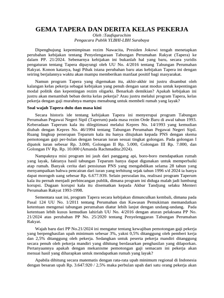 OPINI- GEMA TAPERA DAN DERITA KELAS PEKERJA | PDF
