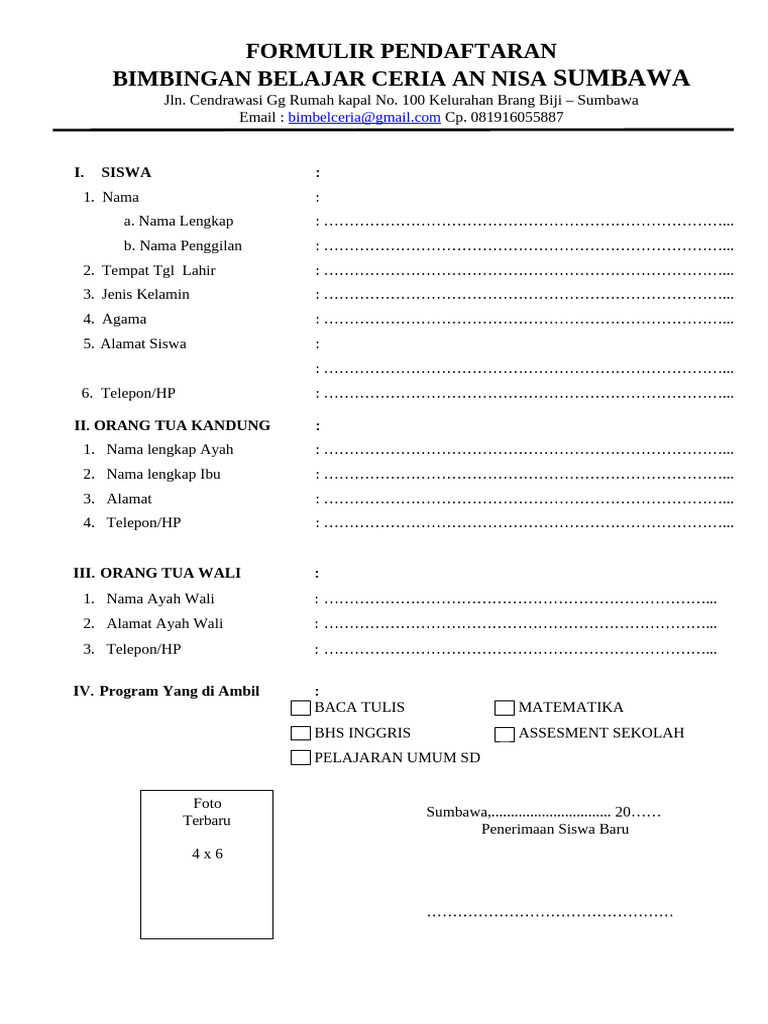 Formulir Pendaftaran BIMBEL CERIA | PDF