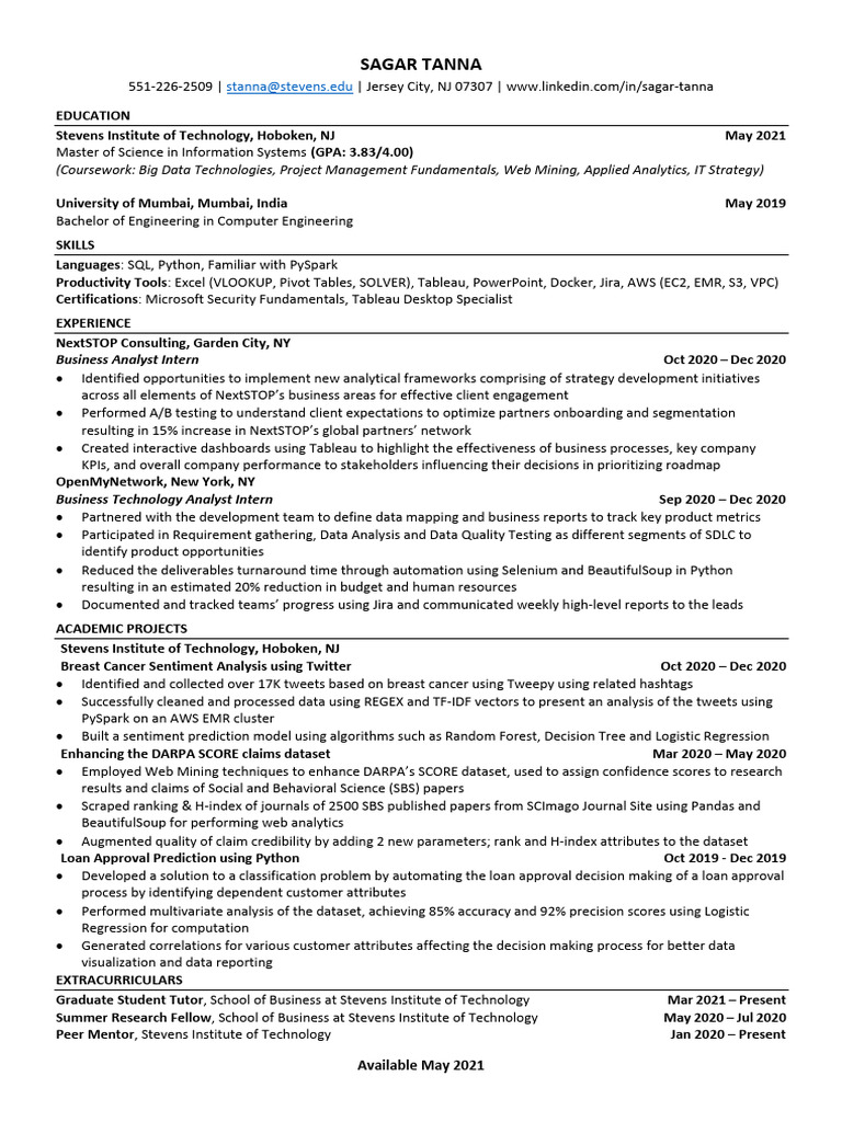 Sagar Tanna Resume | PDF | Computing | Information Science