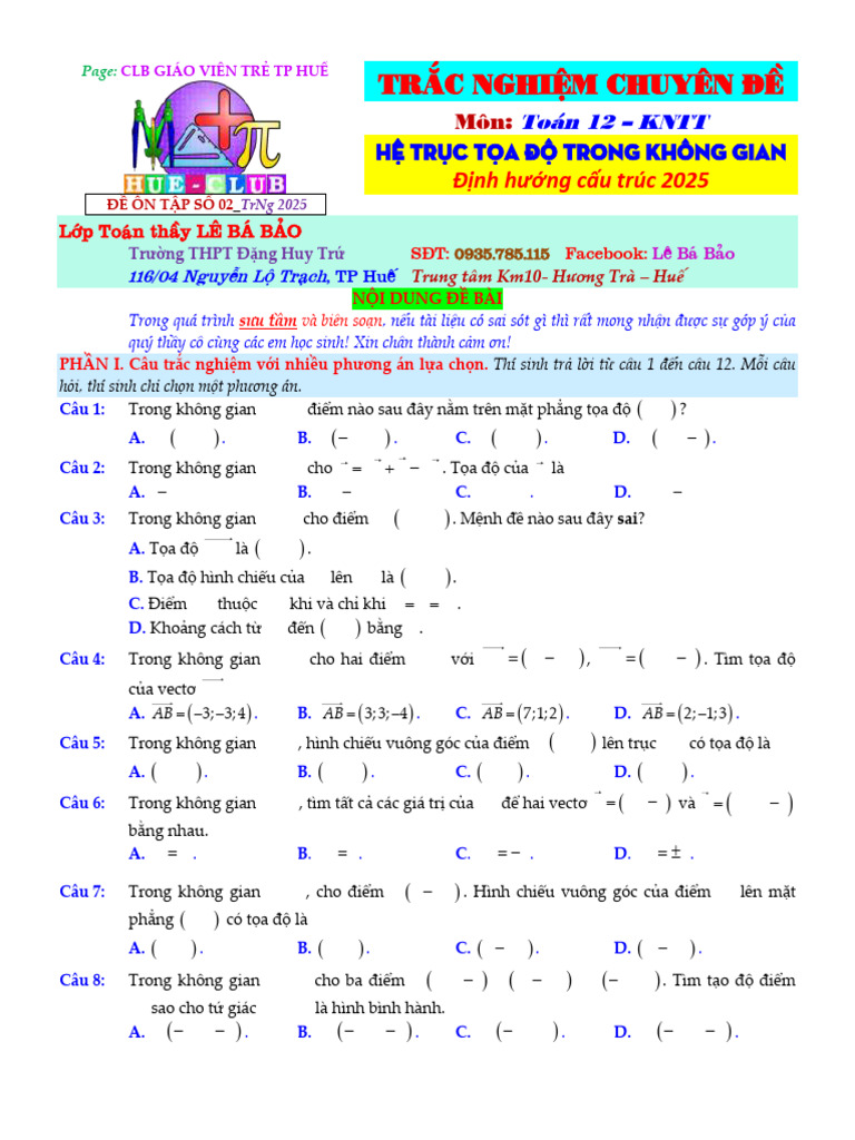De 02 He Truc Toa Do Trong Khong Gian | PDF