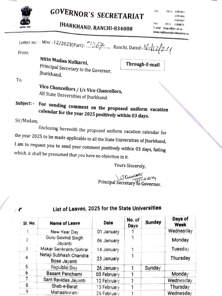 Jharkhand 2025 Uniform Vacation Calendar | PDF | Observances | Festival