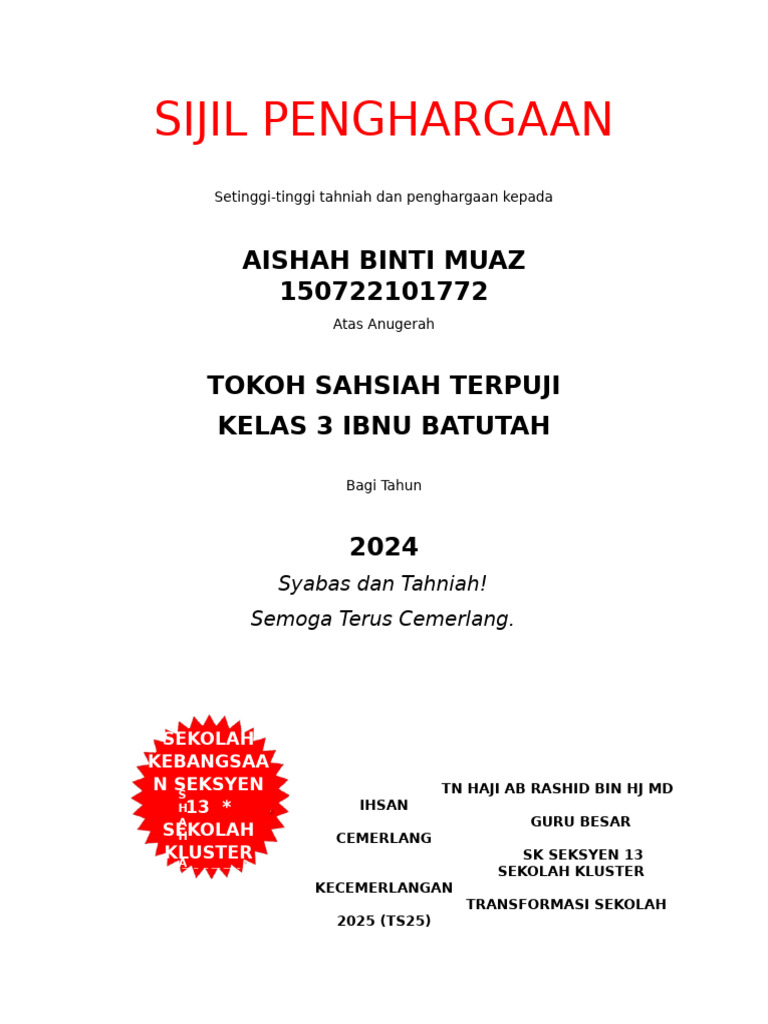 Sijil Penghargaan Tokoh Sahsiah | PDF