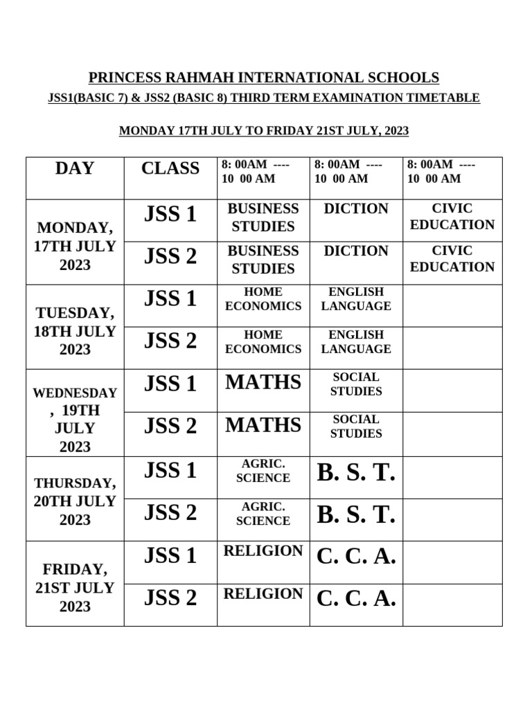 JSS1 (Basic 7) & JSS2 (Basic 8) Third Term Examination Timetable | PDF