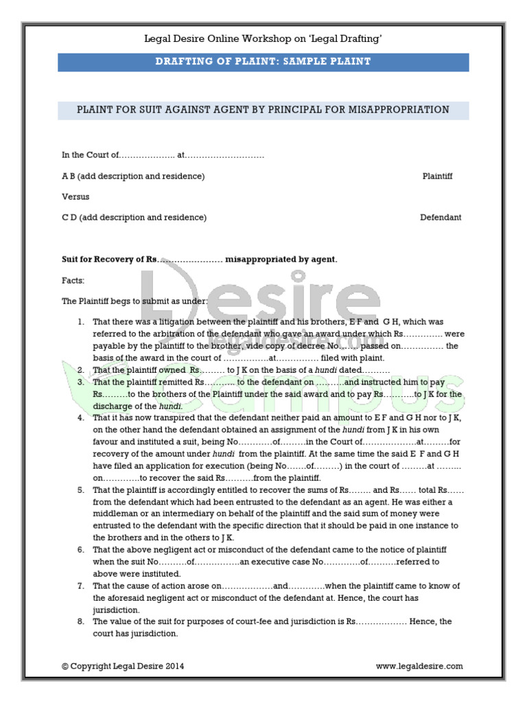 3 Sample Plaint | PDF | Lawsuit | Common Law