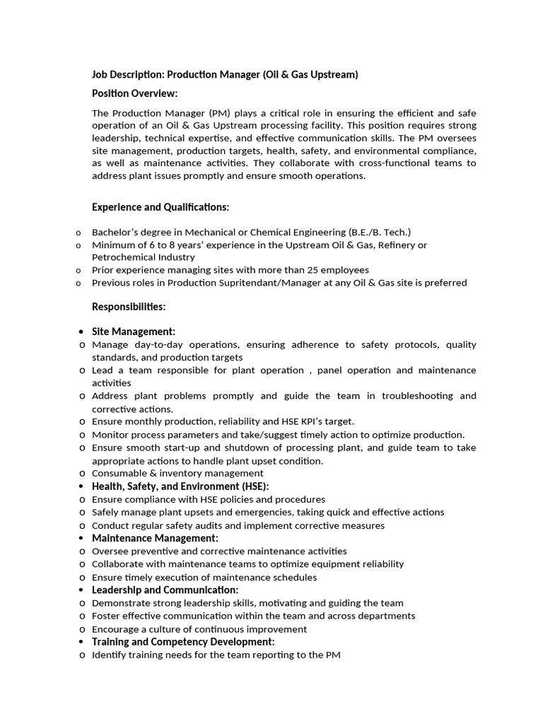 Job Description - Production Manager Jaya | PDF | Leadership ...