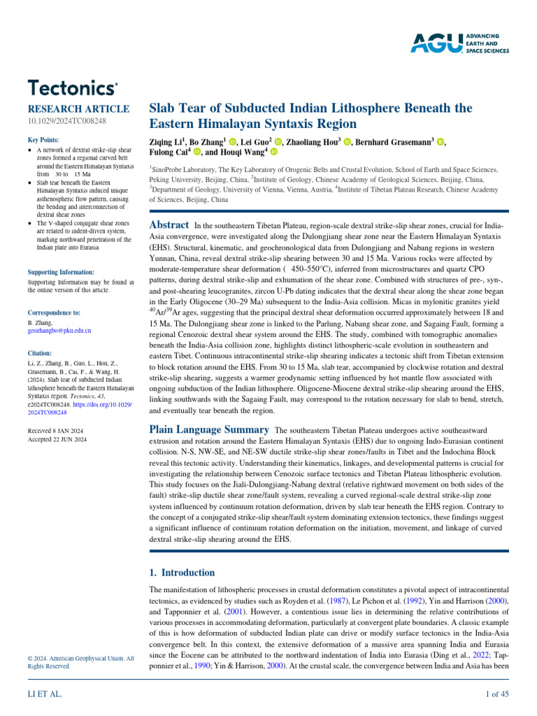 Tectonics - 2024 - Li - Slab Tear of Subducted Indian Lithosphere ...