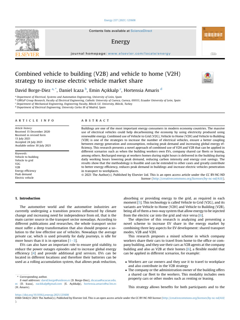 Borge Diez Et Al 2021 V2B V2H | PDF | Electric Vehicle | Electricity Generation
