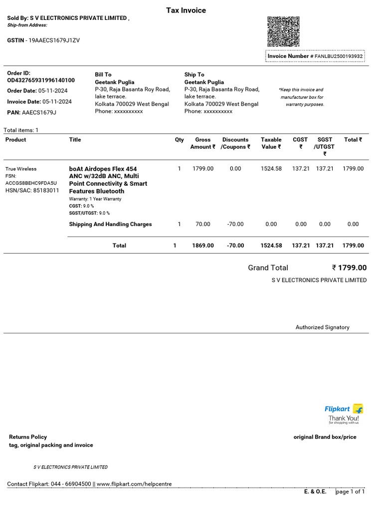 Invoice for boAt Airdopes Purchase | PDF | Taxes | Payments