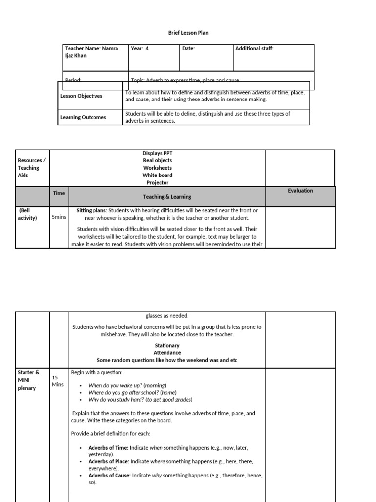 Lesson Plan-2-Adverbs To Express Time, Place and Cause | PDF | Teachers ...
