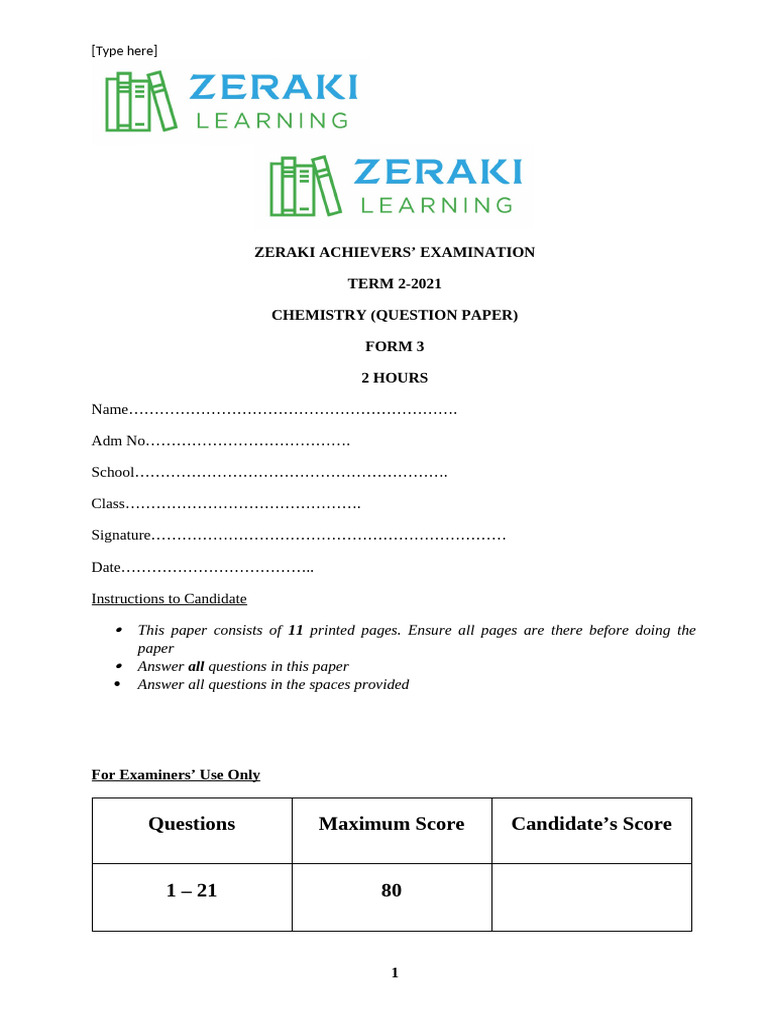 Chemistry Form 3 - Zeraki Achievers 2.0 - Question Paper | PDF | Chemical Reactions | Chemistry