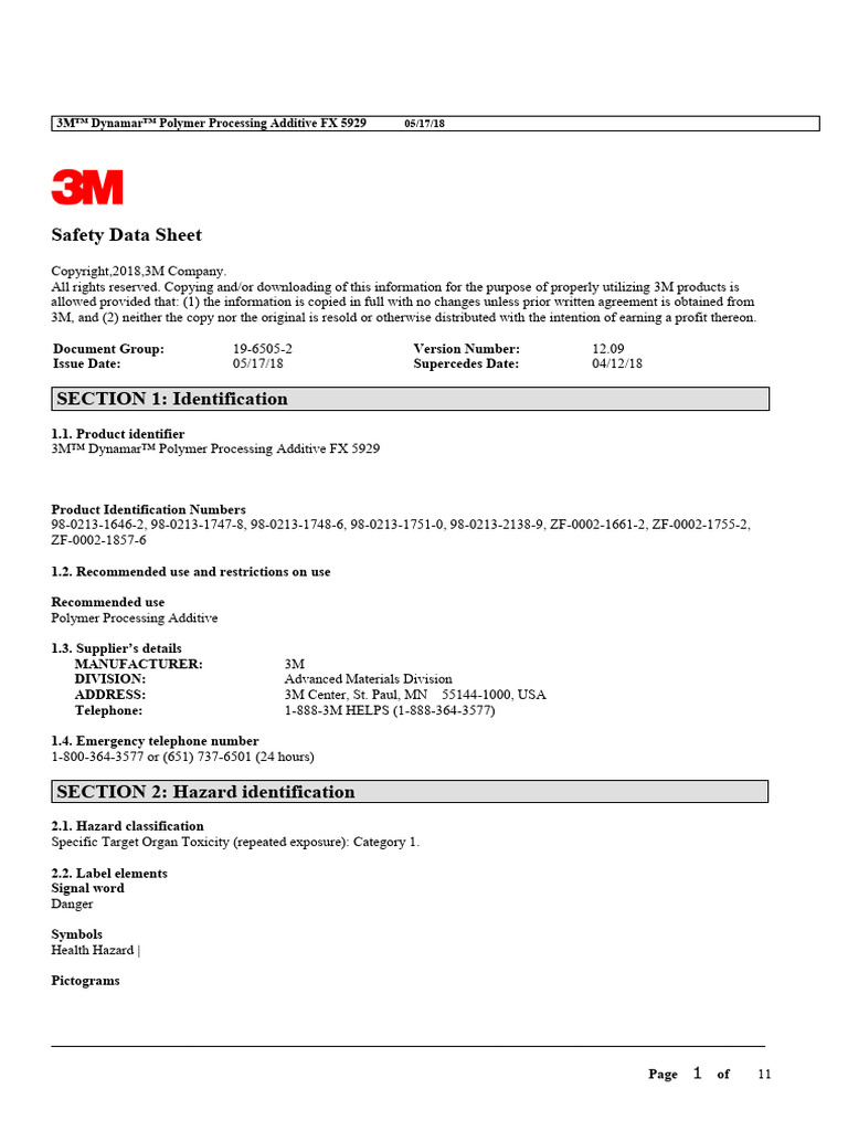 MSDS 3M Dynamar Polymer Processing Additives FX 5929 | PDF | Waste ...
