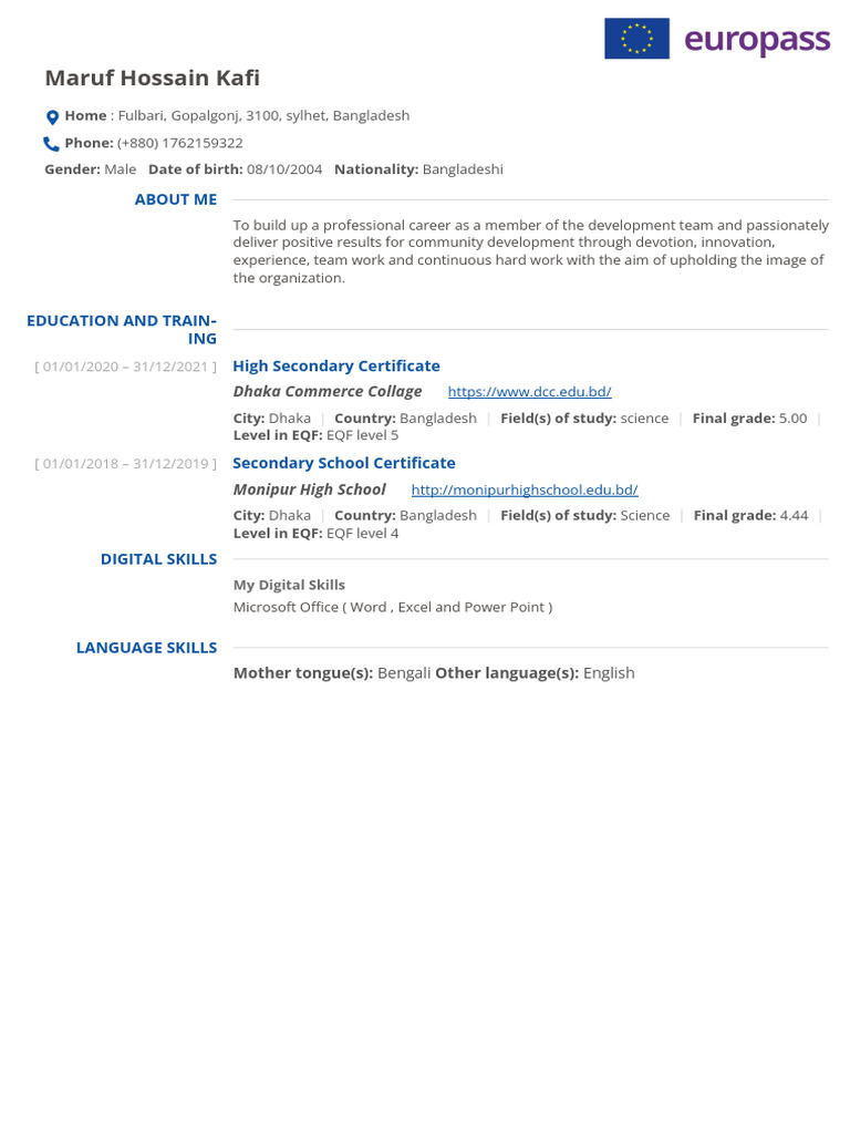 Professional Profile of Maruf Hossain Kafi | PDF