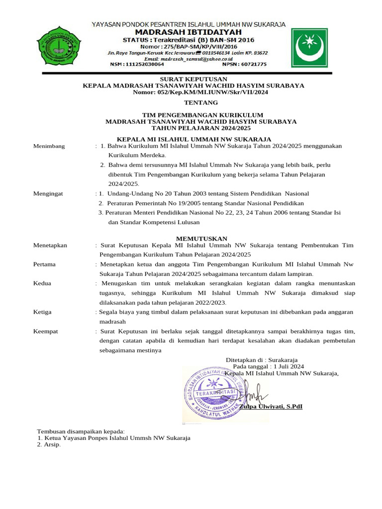 SK Tim Pengembang Kurikulum MI Islahul Ummah 2024 | PDF