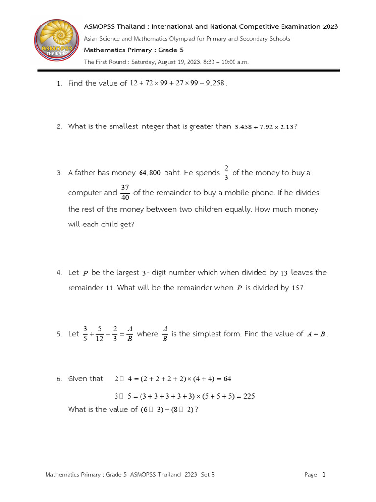 ข้อสอบคณิตศาสตร์ ASMOPSS 2023 ป.5 ชุด B | PDF | Area | Circle