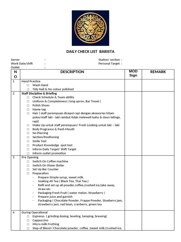 DAILY CHECK LIST BARISTA | PDF | Coffee | Hot Drinks
