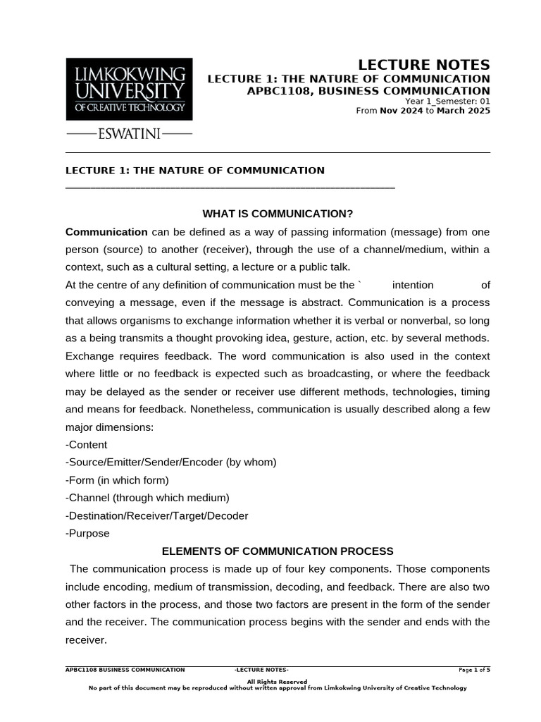 Apbc1111 Lecture 1 - The Nature of Communication | PDF | Communication ...
