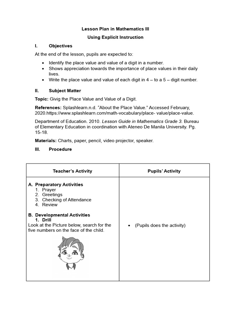 MATH 3 Explicit Lesson Plan - 092245 | PDF | Learning | Cognition