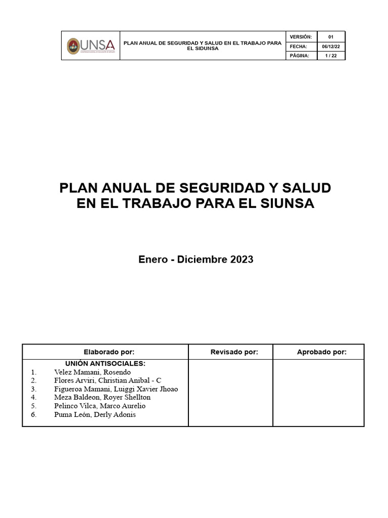 Plan Anual de Seguridad y Salud en El T (1) | PDF | Seguridad y salud ocupacional | Riesgo