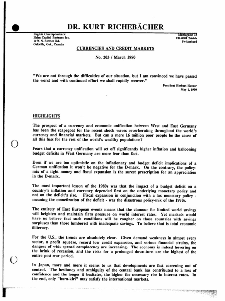 203 - The Richebacher Letter - March 1990, German Monetary Unification ...
