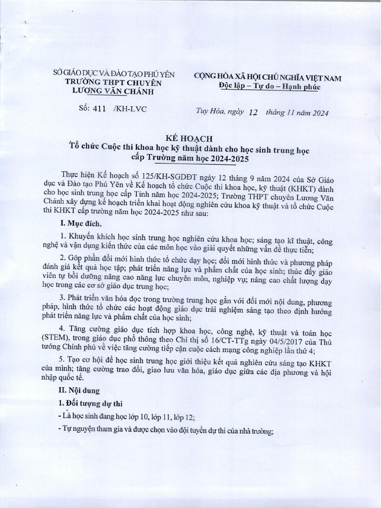 Kế Hoạch Tổ Chức Cuộc Thi Khkt Cấp Trường Năm Học 2024-2025_0001 | PDF