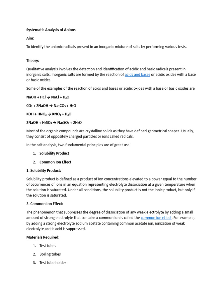 Anion Identification Techniques | PDF | Salt (Chemistry) | Acid