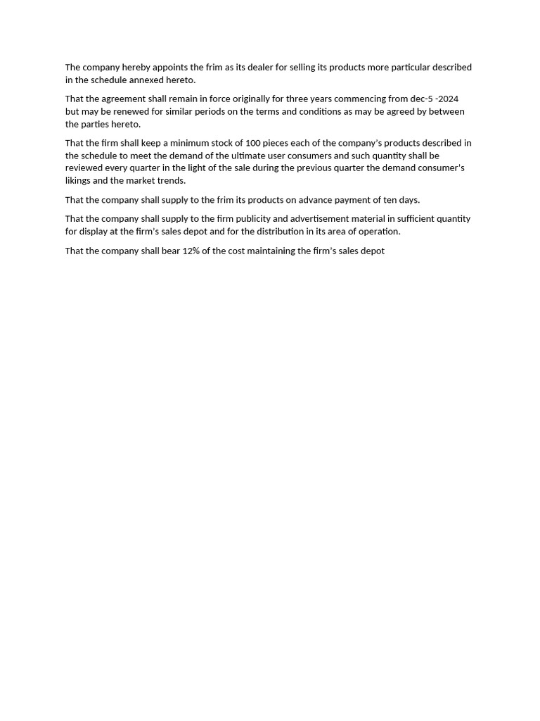 The Company Hereby Appoints the Frim as Its Dealer for Selling Its ...