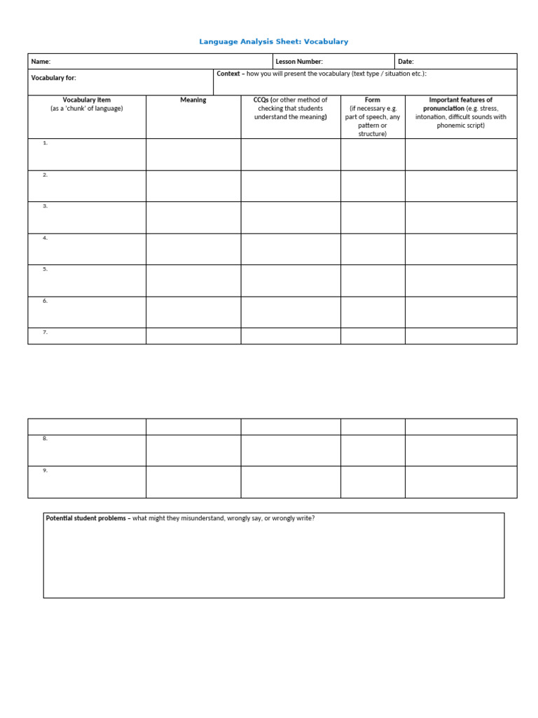 Blank Language Analysis Sheet - Vocabulary (2021) | PDF