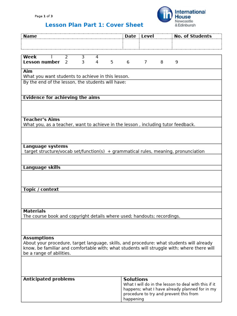Blank Lesson Plan & Cover Sheet | PDF