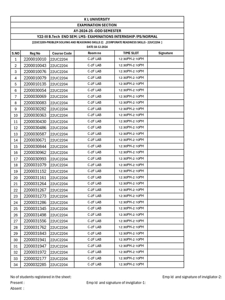 LMS_Y22_ENDSEM_CRS22UC2204_SEATING_PLAN_18_12_2024_ALL_SLOTS | PDF