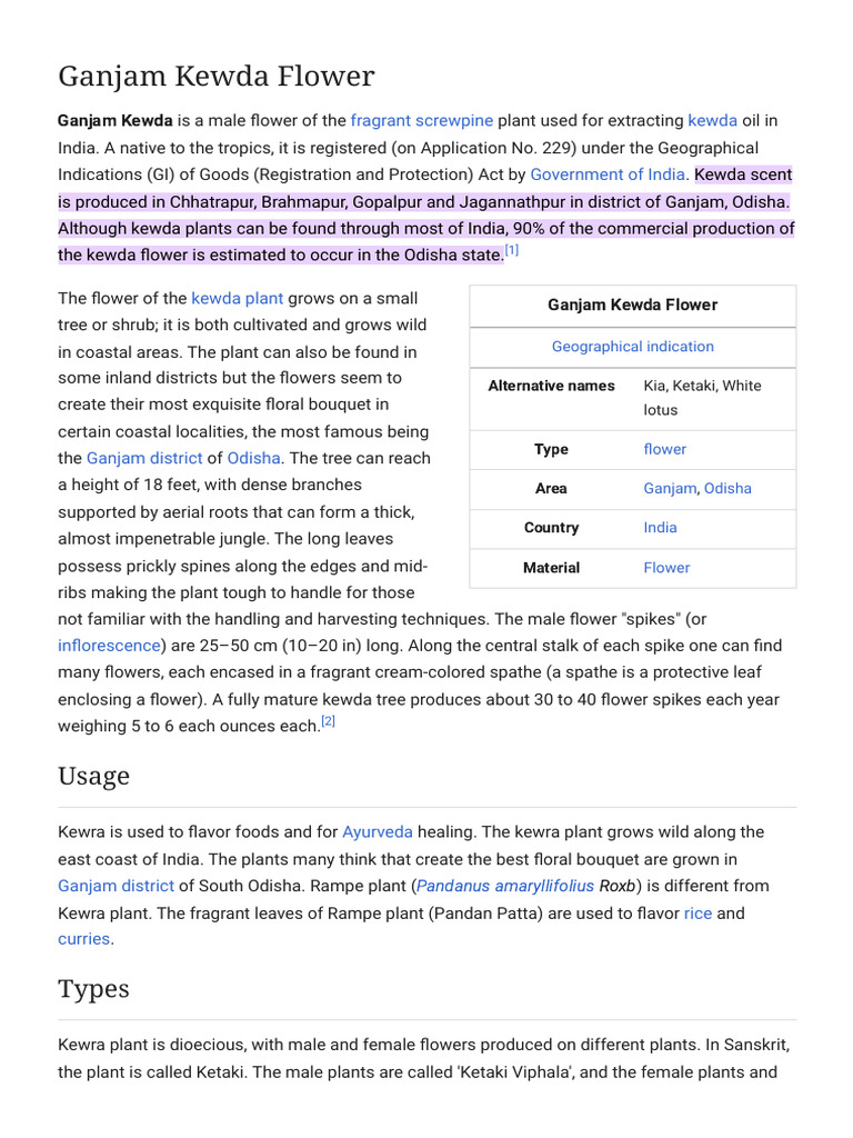 Ganjam Kewda Flower - Wikipedia | PDF | Plants | Botany