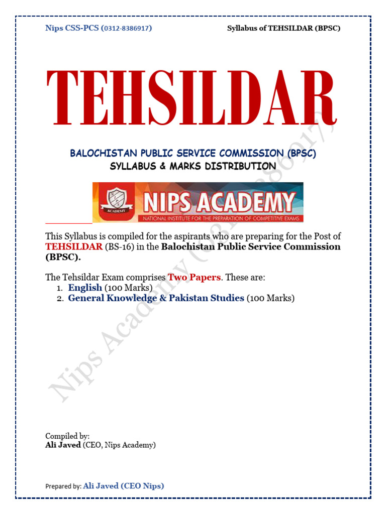Syllabus of Tehsildar - Nips Academy (22nd Sept, 2021) | PDF | Essays | Cognition