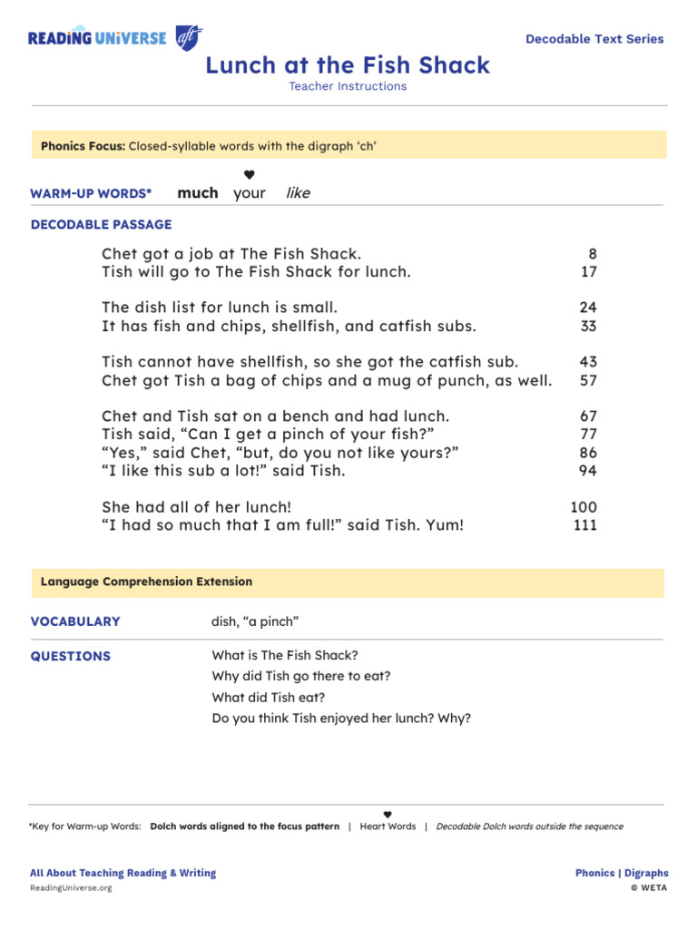 Decodable Lunch at The Fish Shack | PDF | Phonics | Writing