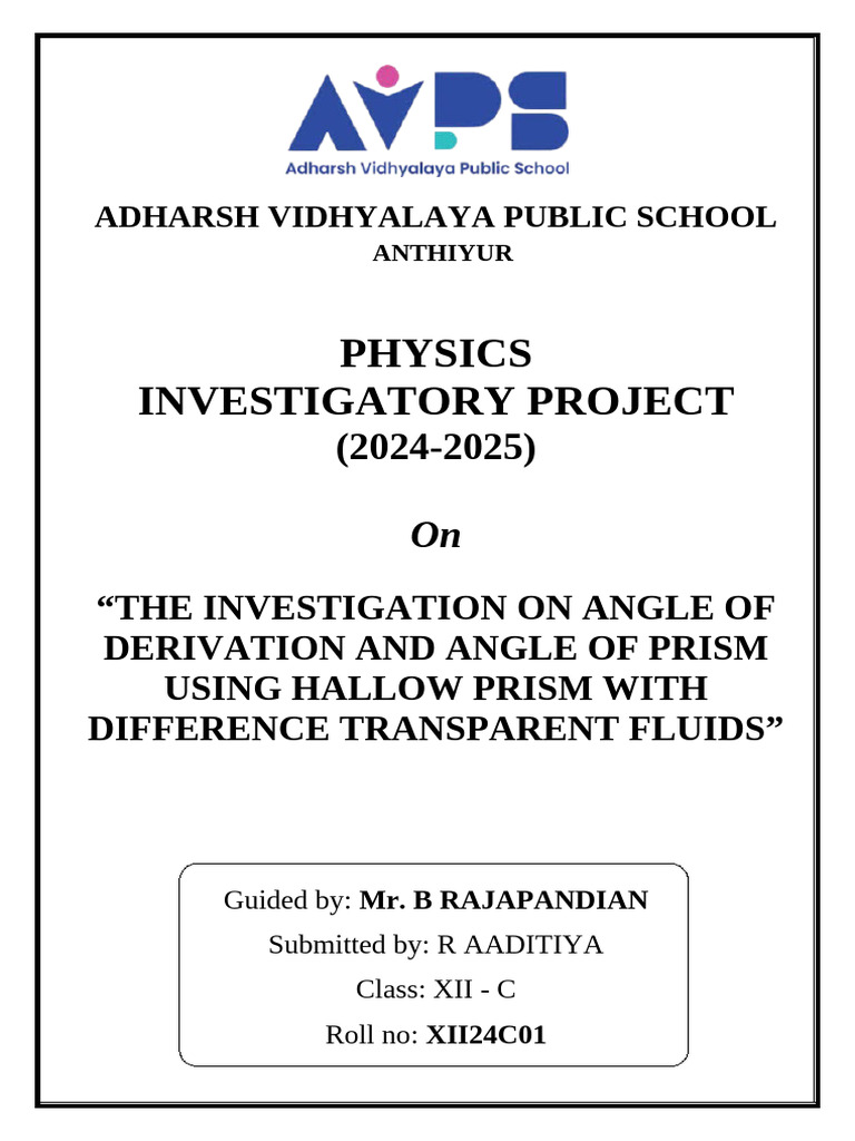 R Aaditya Phy Project 2024-2025 | PDF | Refraction | Refractive Index